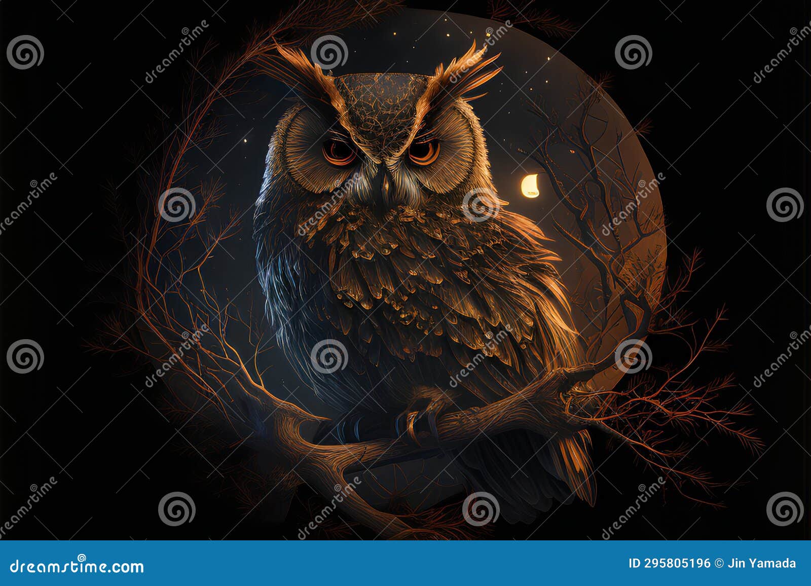 Owl Sitting on a Branch in the Moonlight. Vector Illustration Stock ...