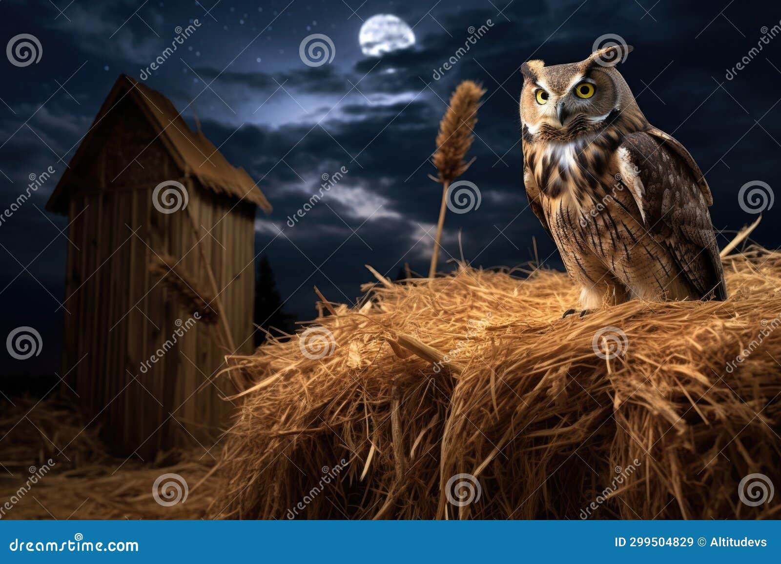 Owl Sitting on a Hay Bale Under a Moonlit Sky Stock Image - Image of ...