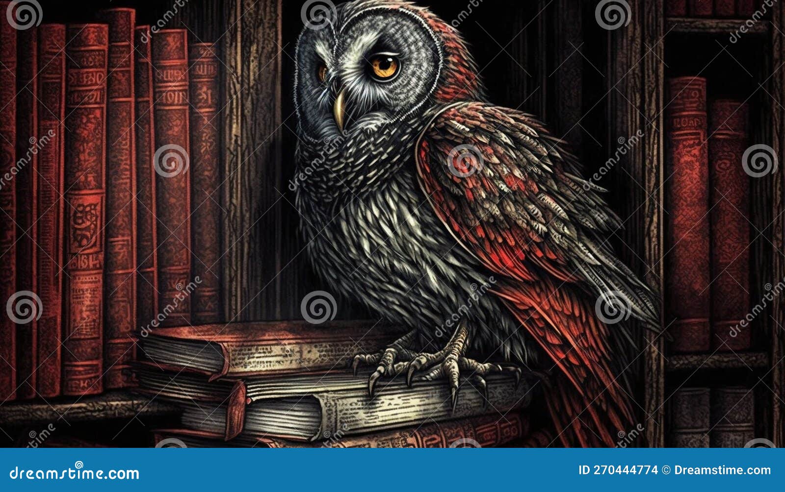 An Owl Sitting on Top of a Pile of Books in a Library. Stock ...