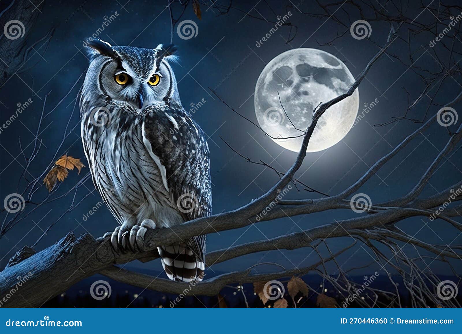 An Owl Sitting on a Tree Branch in Front of a Full Moon. Stock ...