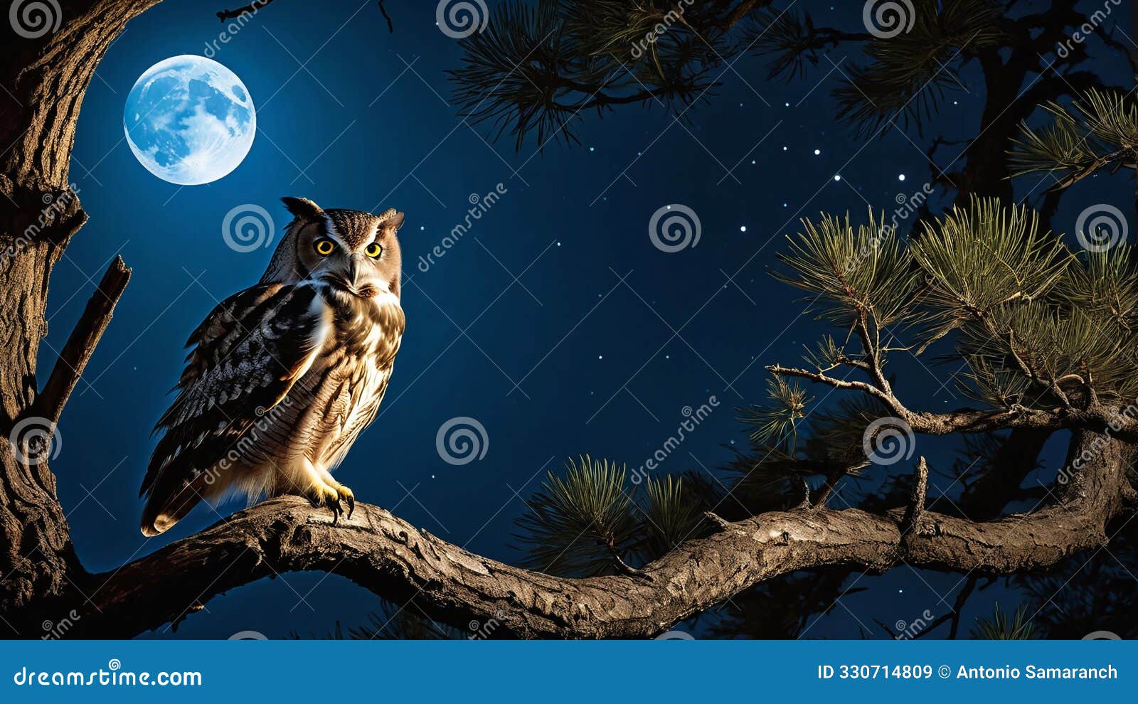 Owl Sitting on a Tree Branch at Night with Moon in the Background Stock ...