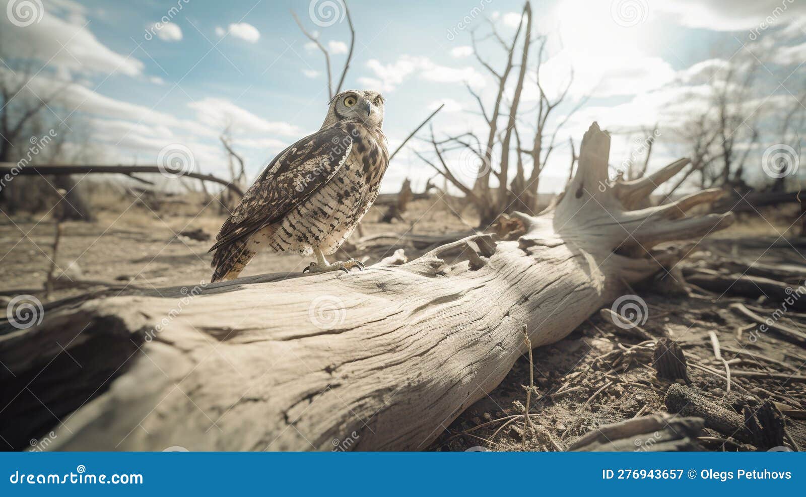 An Owl Sitting on a Tree Stump in a Field of Dead Trees Stock ...
