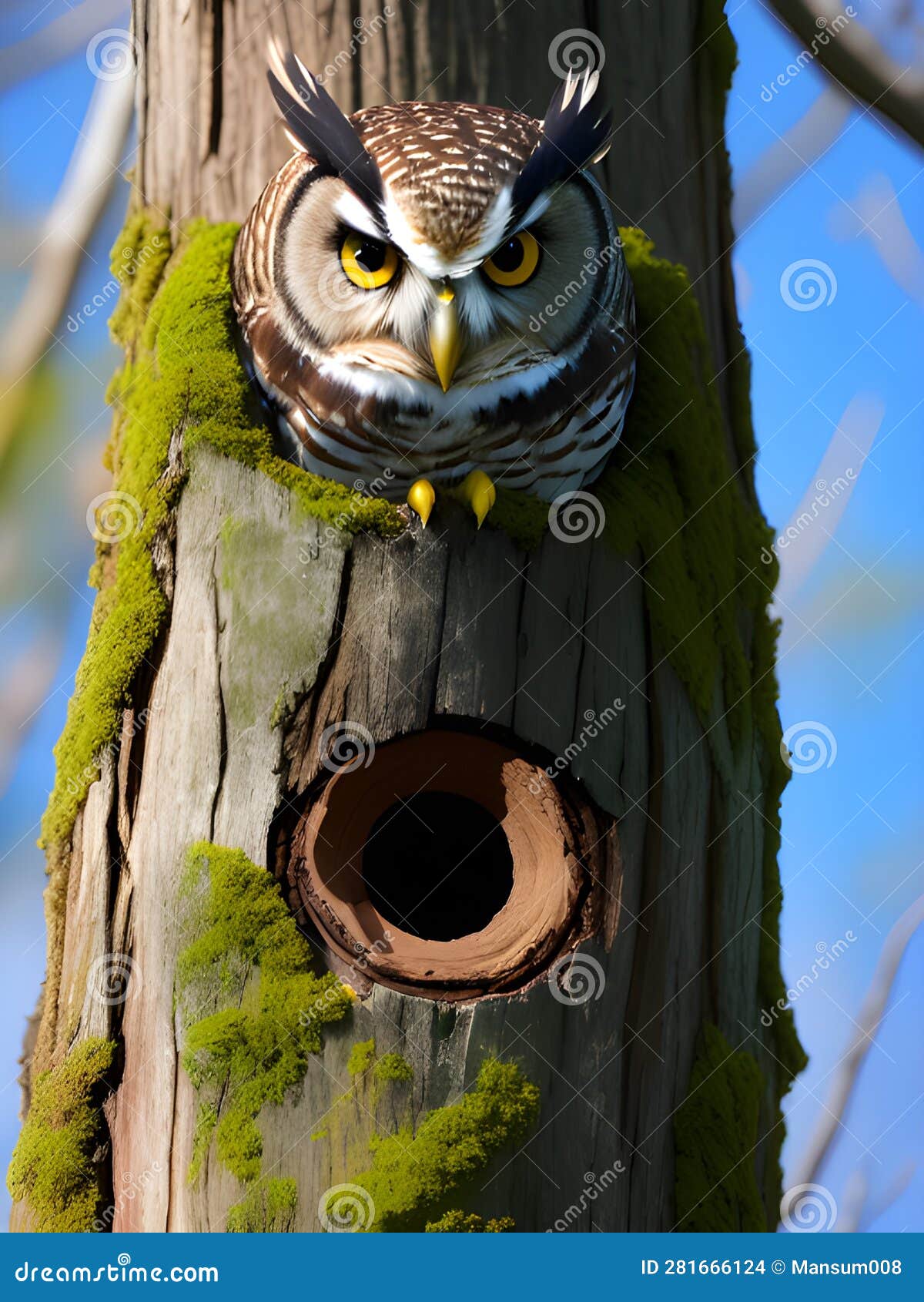 Owl Sitting on a Tree Trunk, Ai Generated Stock Illustration ...