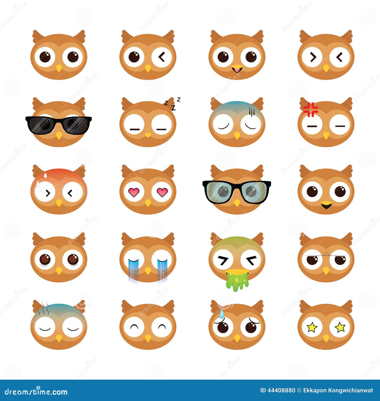 Owl Smiling Face Icons Set. Stock Vector - Illustration of humor ...