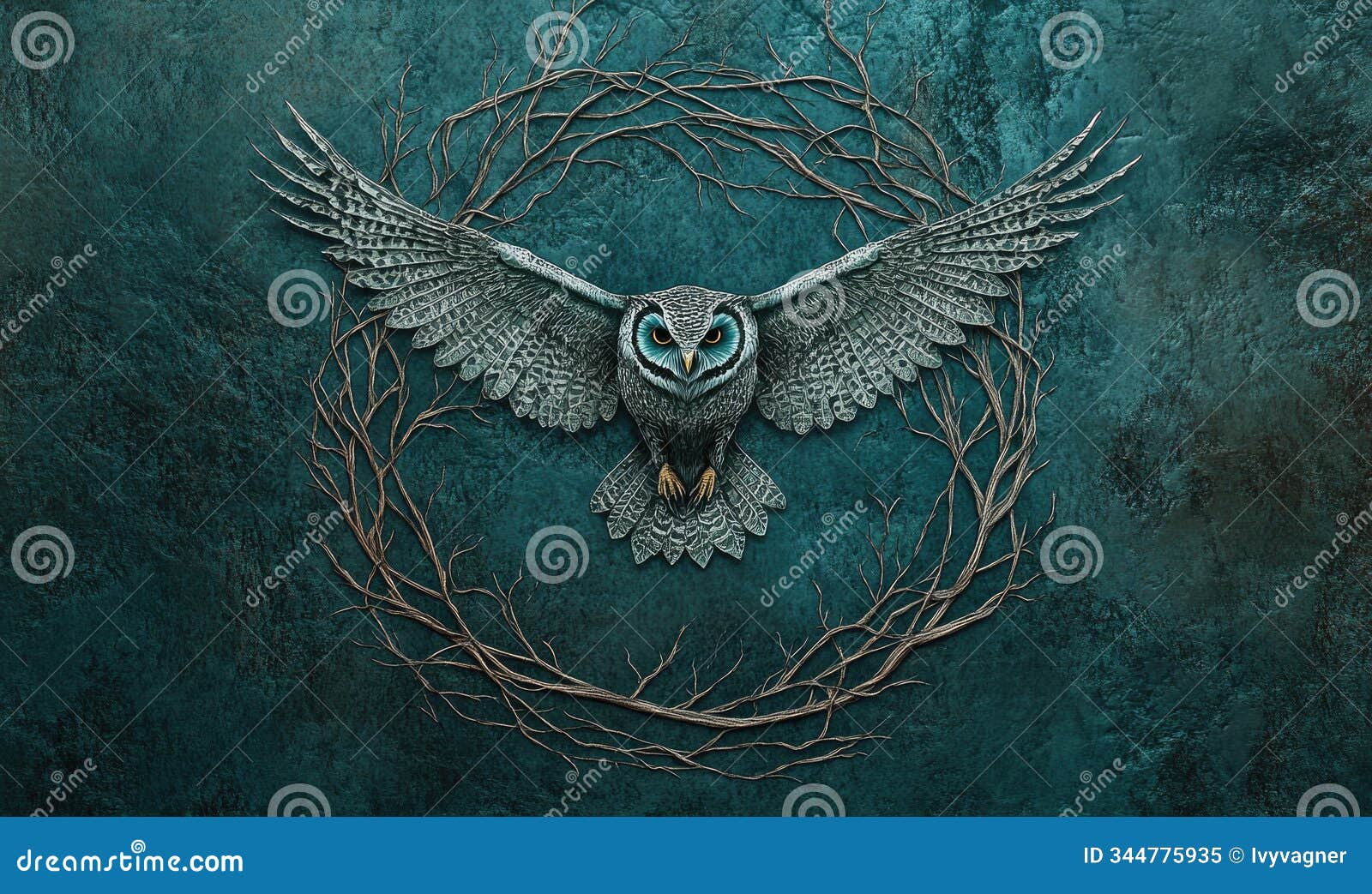 An Owl Soaring within a Circle of Branches that Fade into a Textured ...