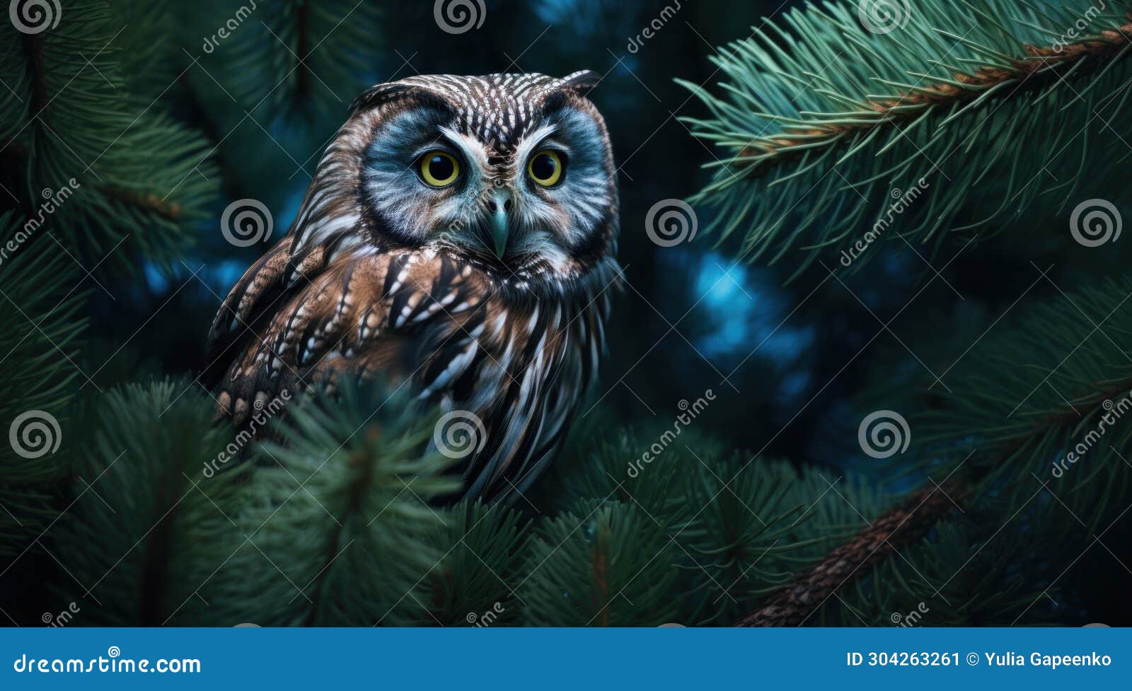 An Owl is Standing on a Branch in a Pine Tree Stock Image - Image of ...