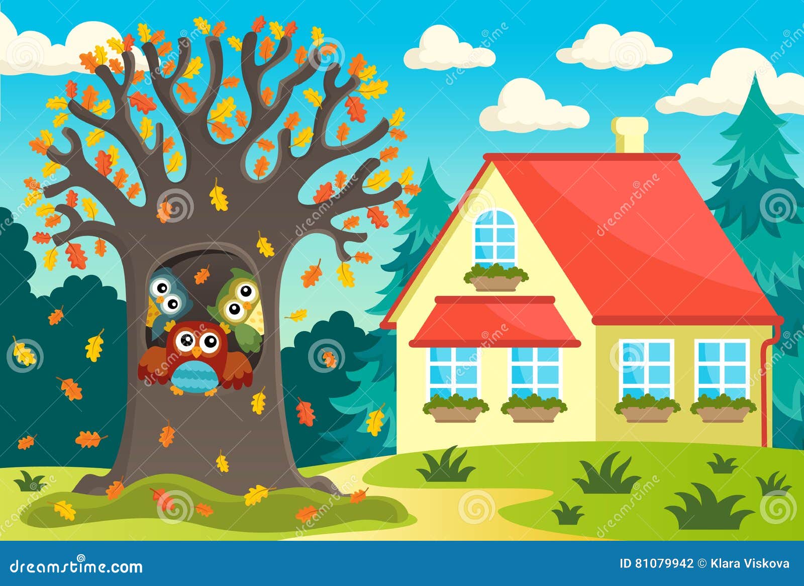 Owl tree near house stock vector. Illustration of branch - 81079942