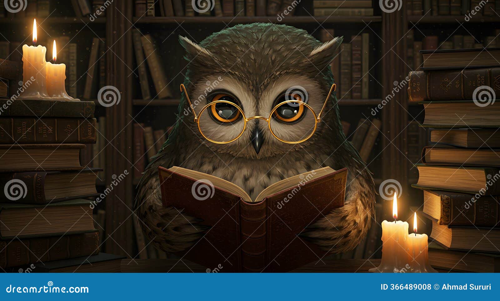 Wise Owl Reading A Book While Sitting On A Pile Of Books Vector ...