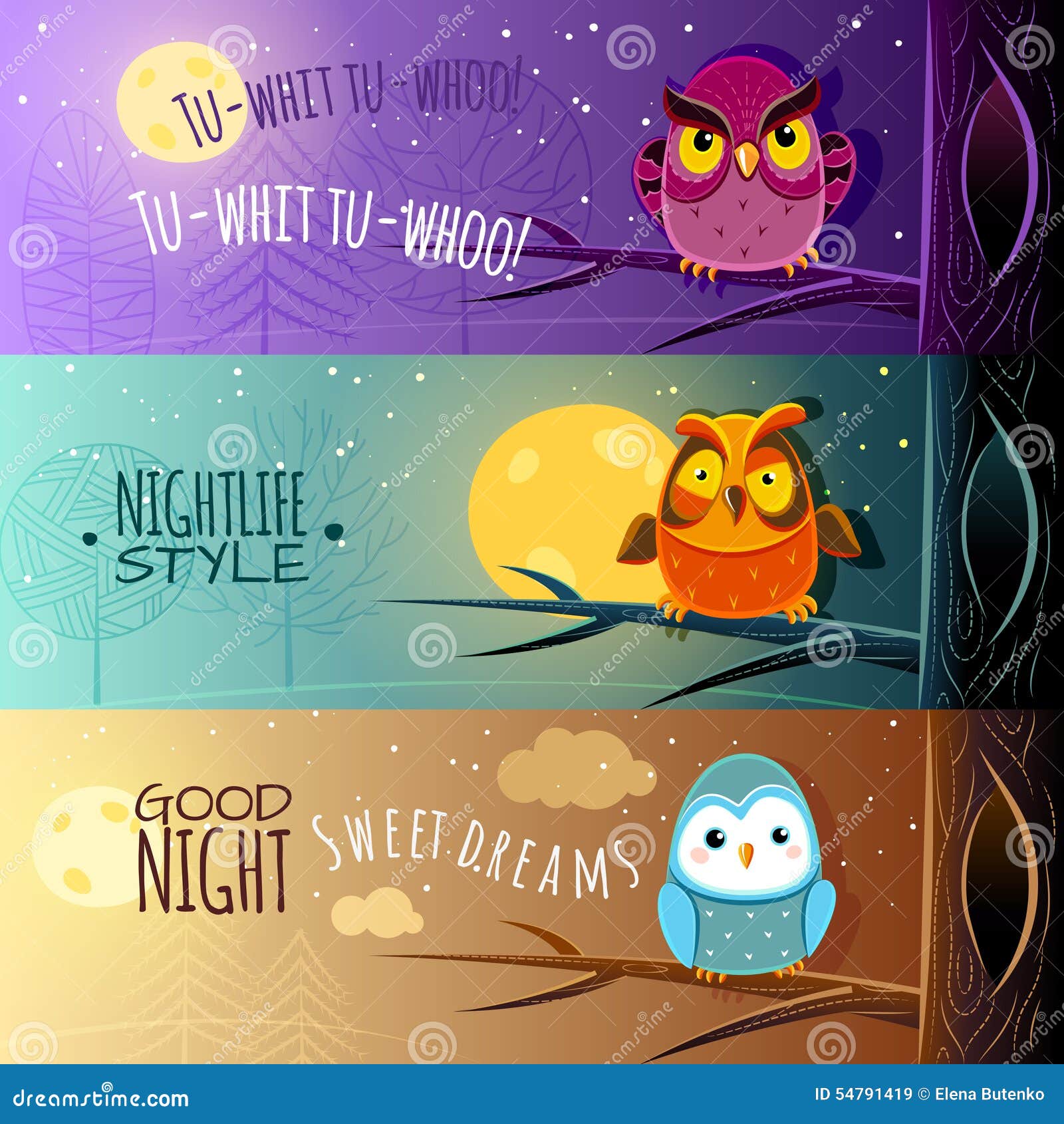 Owls Banners stock vector. Illustration of gesture, childish - 54791419