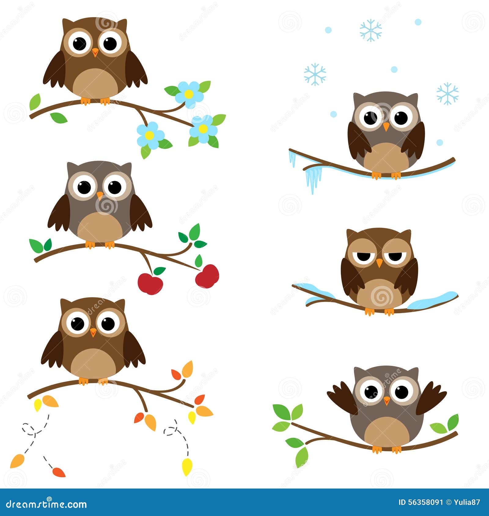 Set Of Owls In Different Positions. Vector Monochrome Illustrations ...