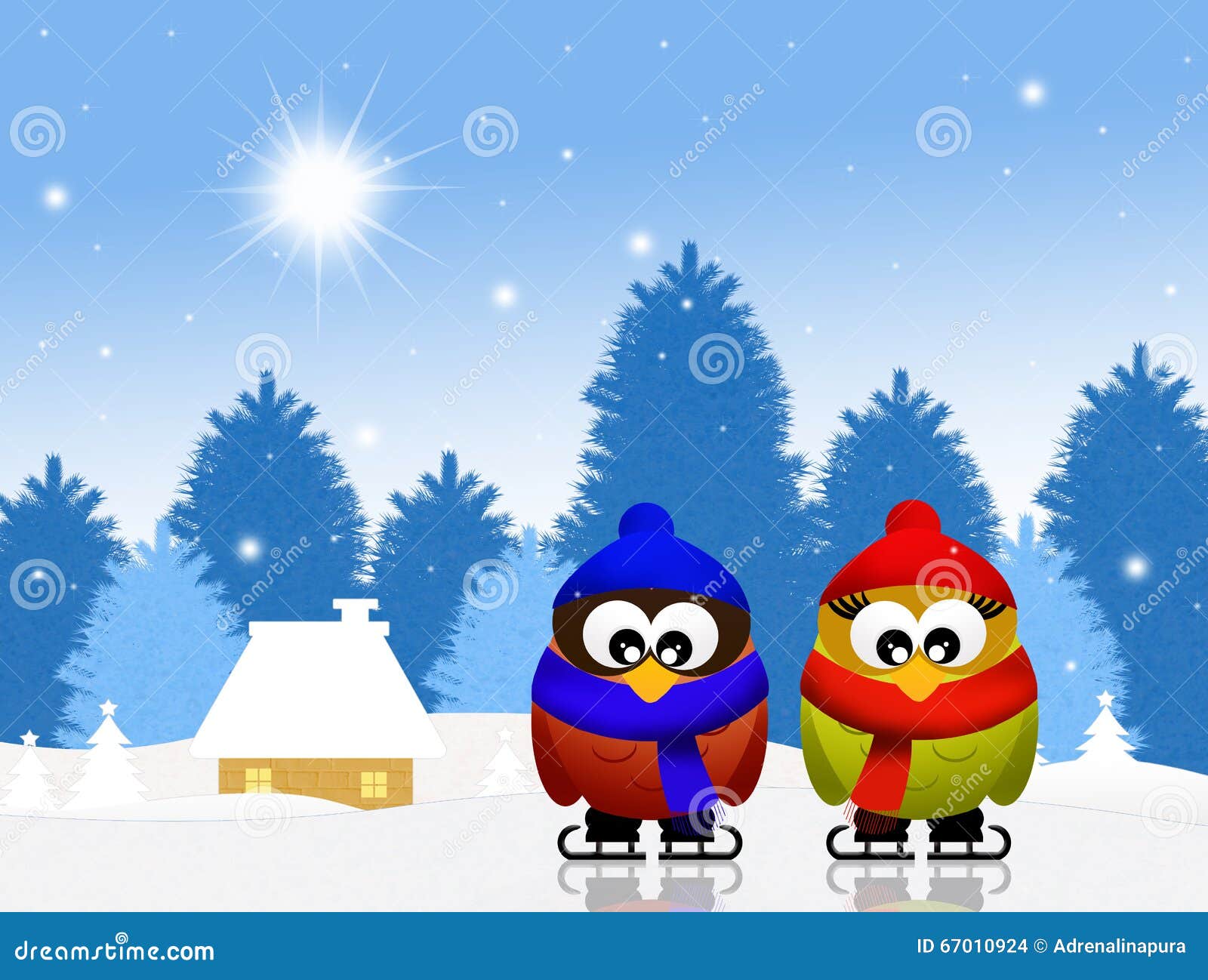 Owls Couple Skating on Ice in Winter Stock Illustration - Illustration ...