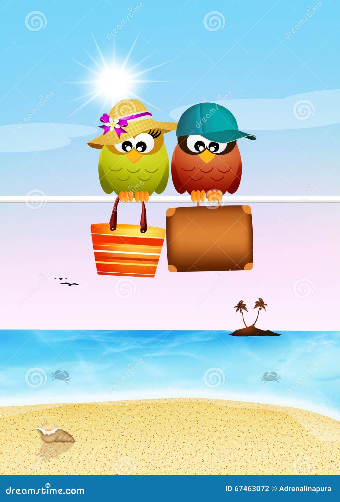Owls go on vacation stock illustration. Illustration of vacation - 67463072