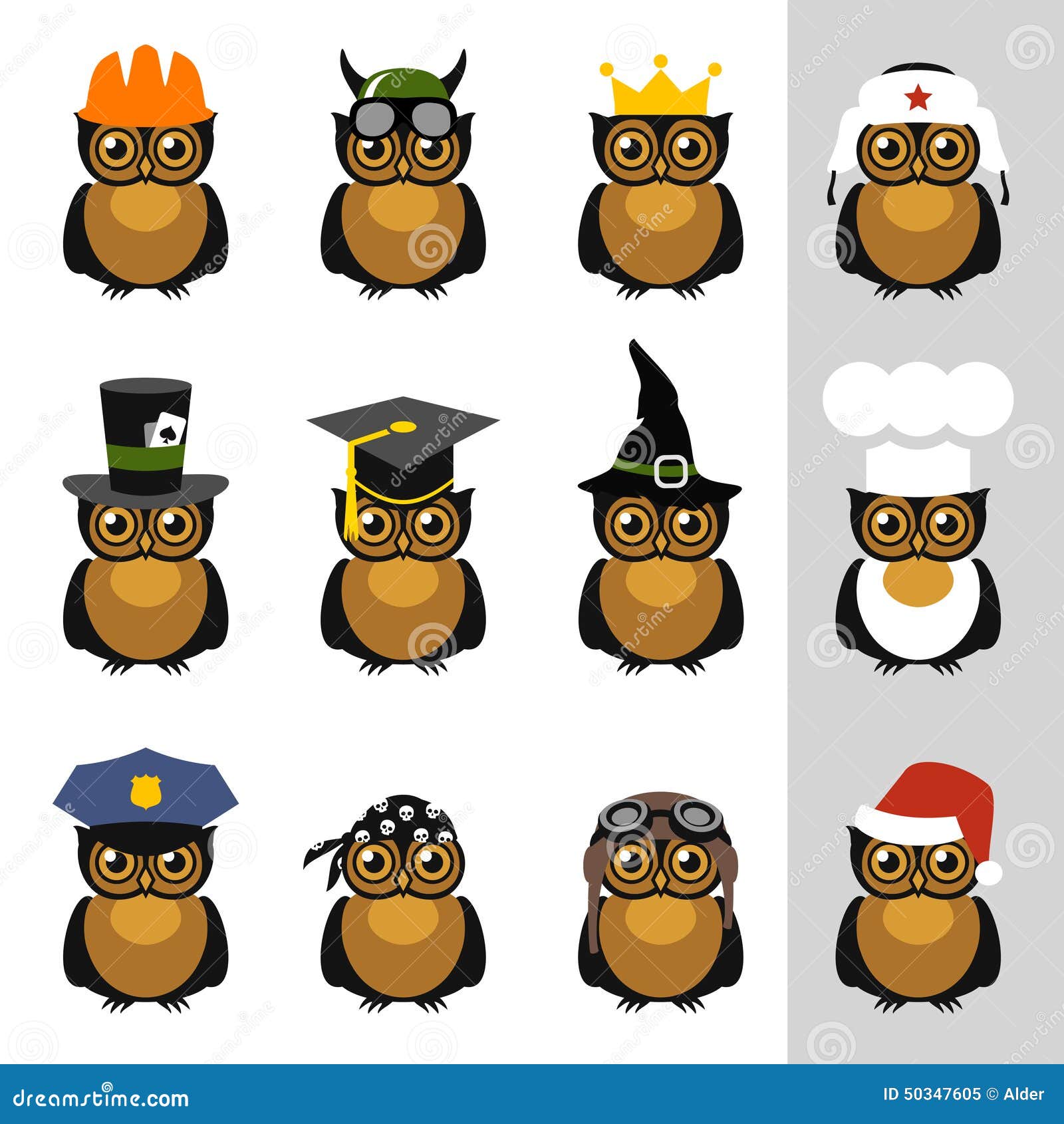 Owls with Hat, Helmet, Cap, Bandanna and Crown Stock Vector ...