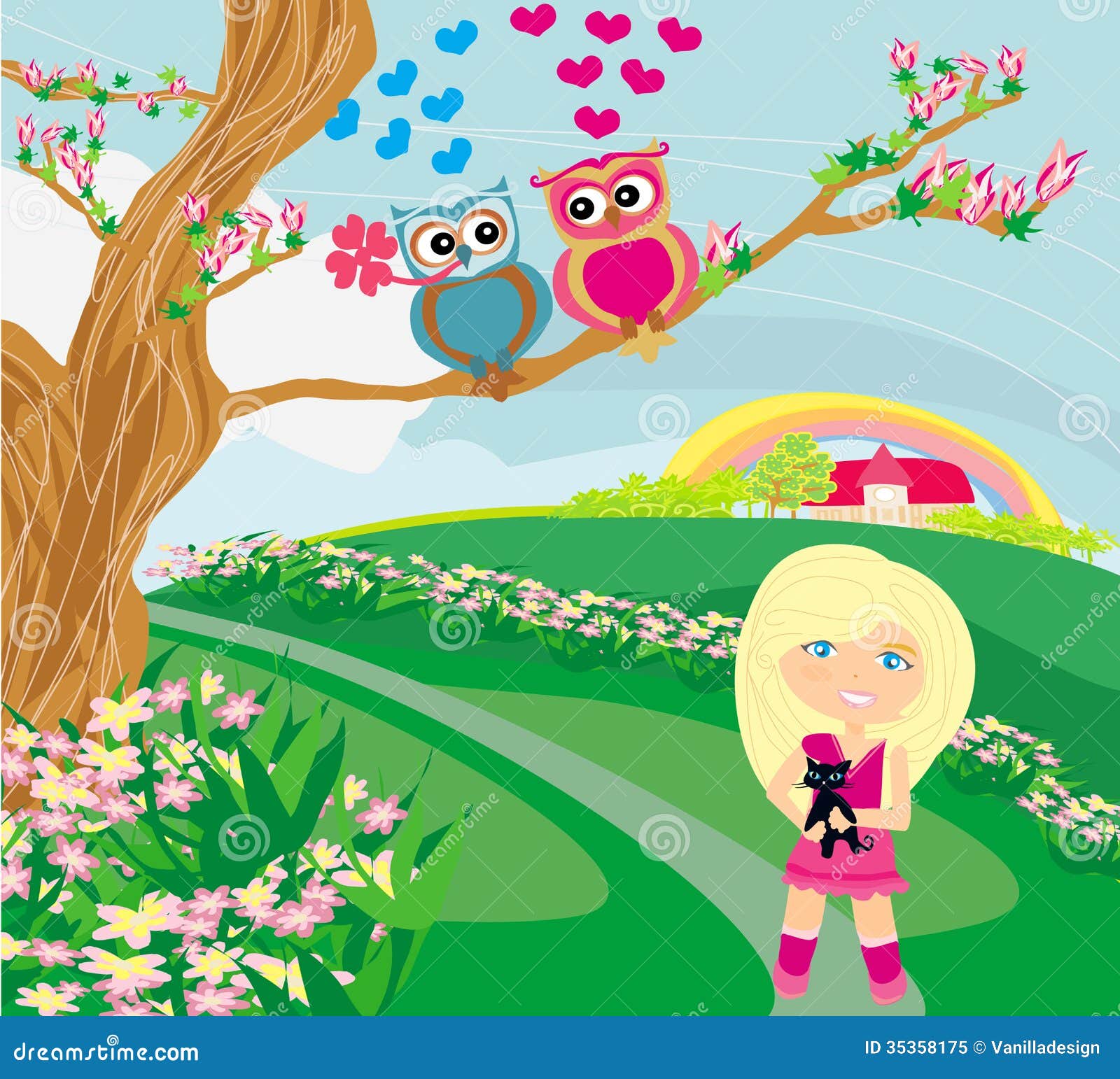 Owls in Love on Spring Scenery Stock Vector - Illustration of hearts ...