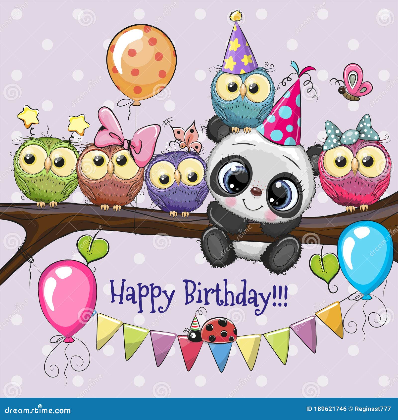 Owls and Panda on a Branch with Balloon and Bonnets Stock Vector ...