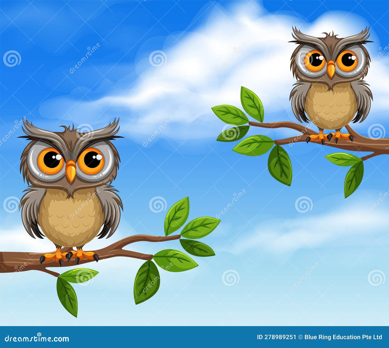 Owls Perching on Tree Branch Stock Vector - Illustration of feather ...