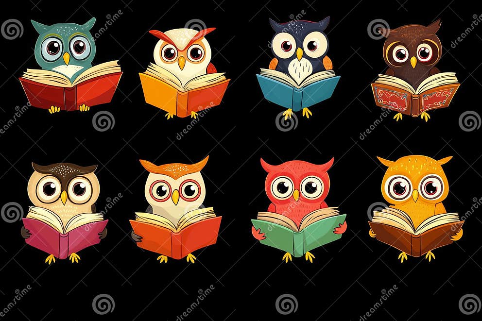 Owls Reading Books - Cartoon Illustrations for Learning Stock Photo ...