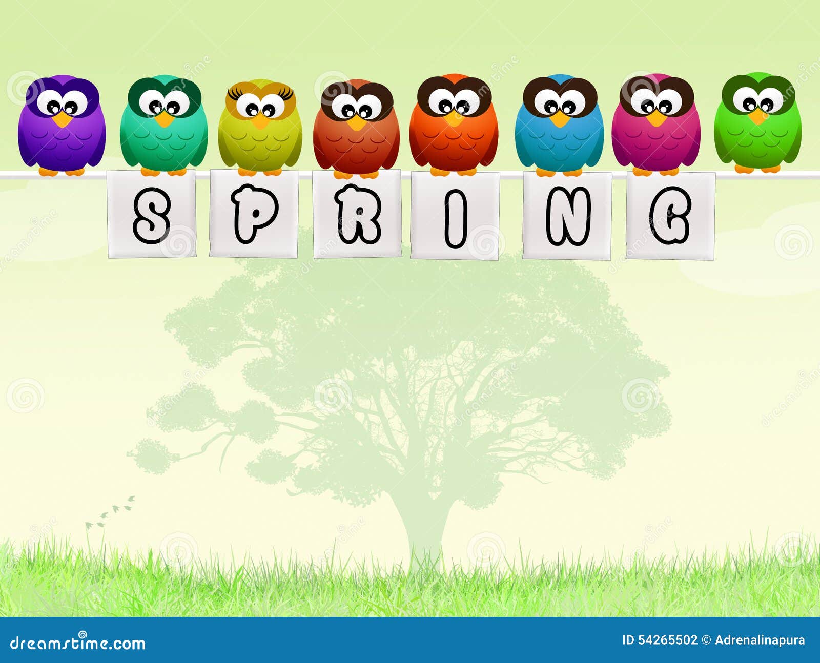 Owls in spring stock illustration. Illustration of owls - 54265502