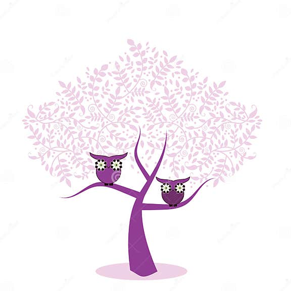 Owls in a Tree stock vector. Illustration of flower, eyes - 13378886