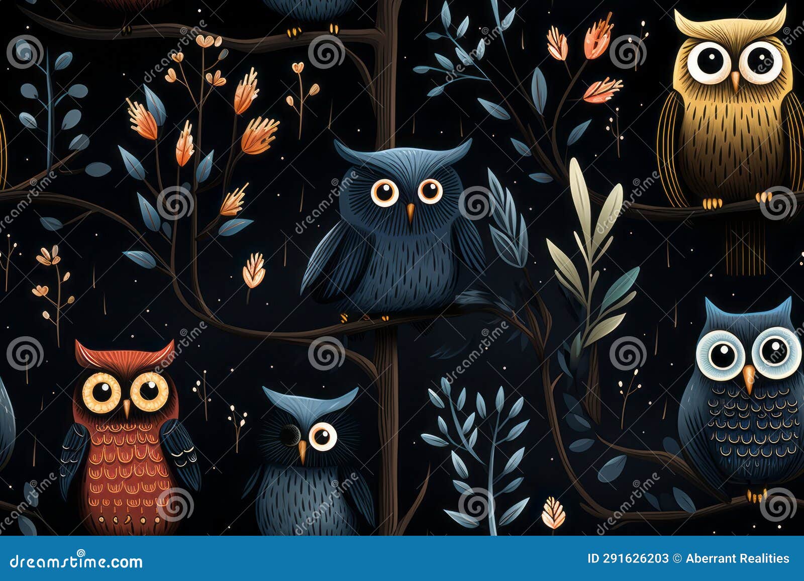 Owls on a Tree Branch in the Night Sky Stock Illustration ...