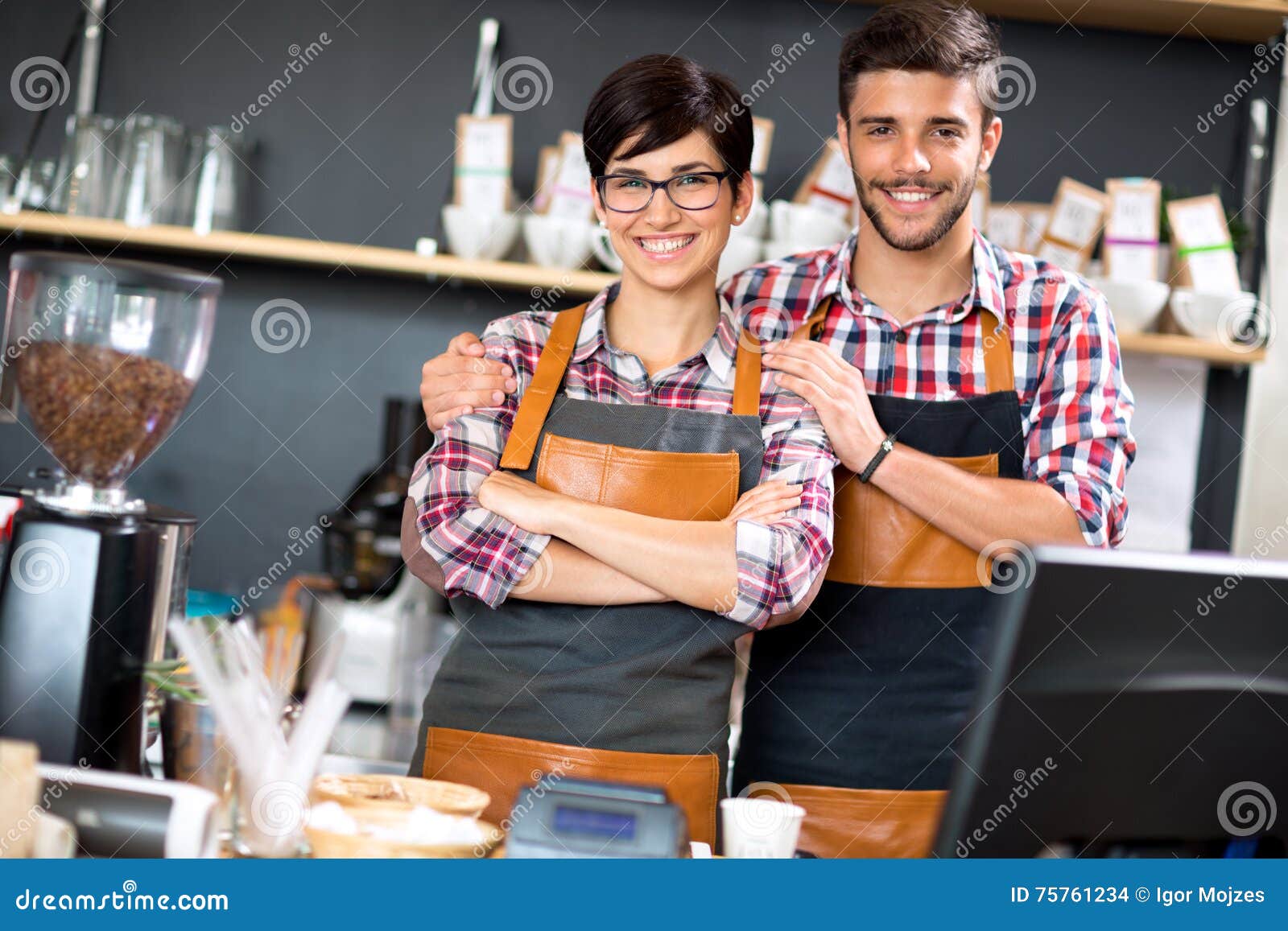 Owner Coffee Shop Smiling Couple Stock Photo - Image of restaurant ...