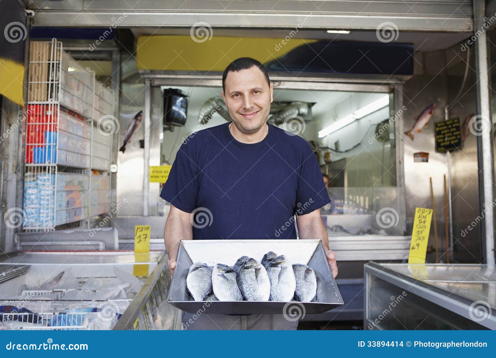 Owner Displaying Fresh Fish in Store Stock Photo - Image of people ...