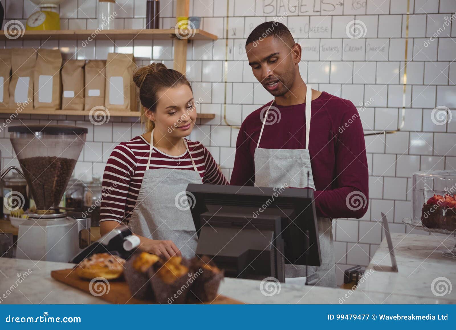 Owners working in cafe stock image. Image of occupation - 99479477