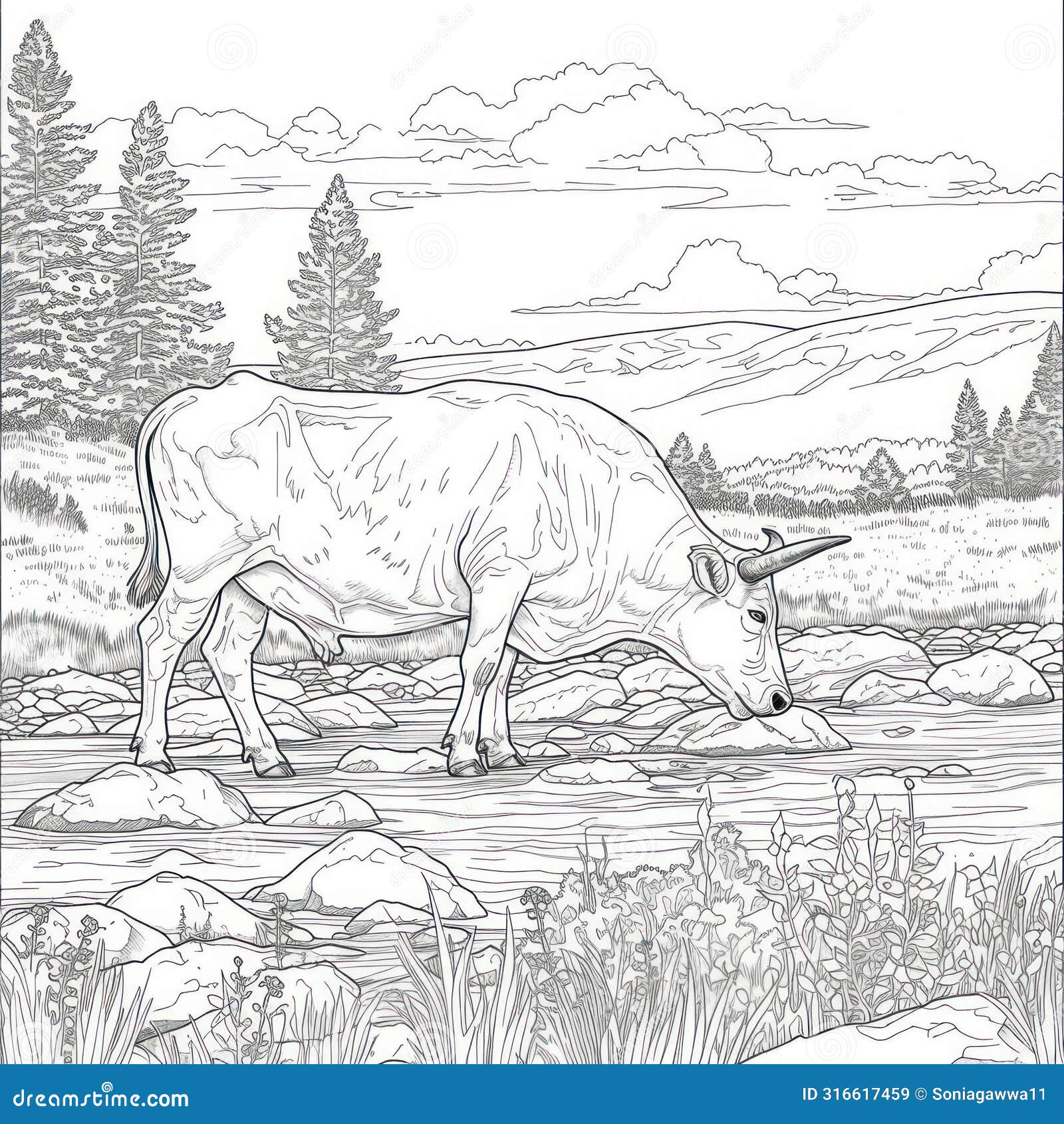 Ox Drawing Coloring Book Page Stock Illustration - Illustration of ...