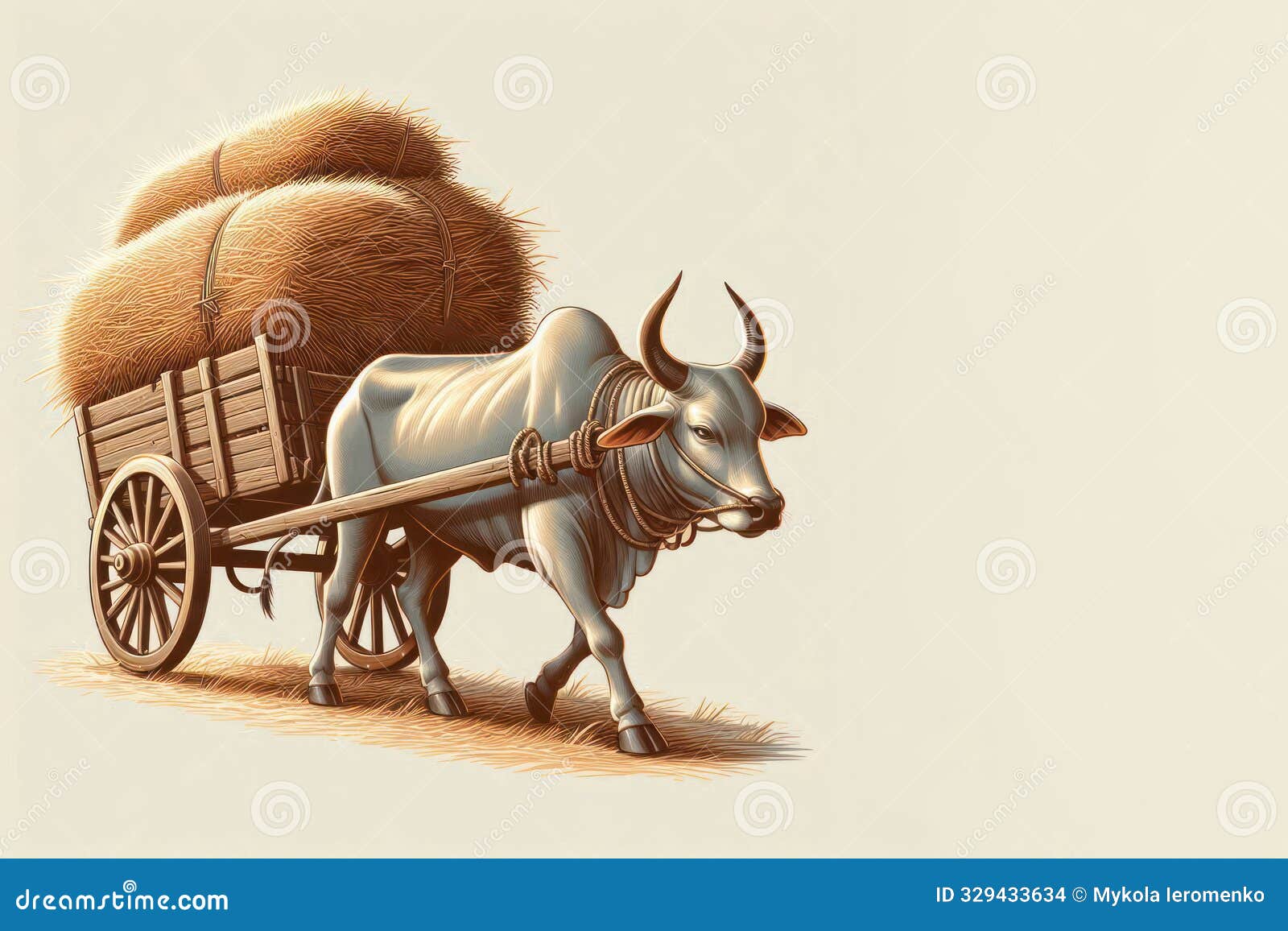 An Ox Pulls a Cart with Hay. Space for Text. Stock Photo - Image of ...