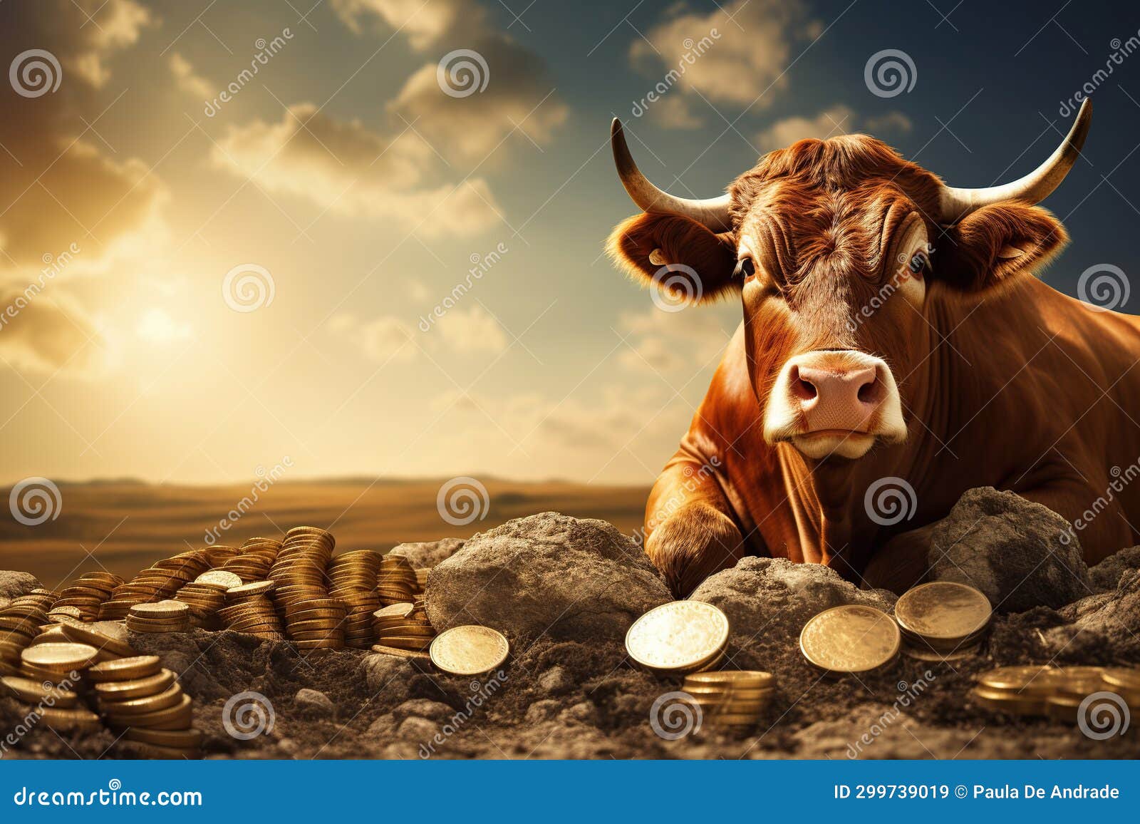 Ox with several gold coins stock image. Image of investment - 299739019