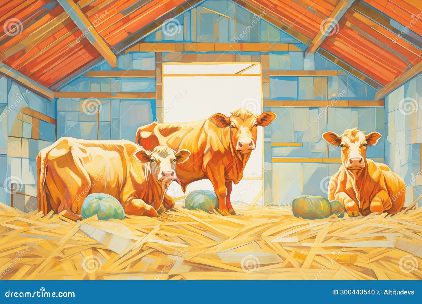 Oxen Resting in an Open Barn Filled with Hay Bales Stock Photo - Image ...