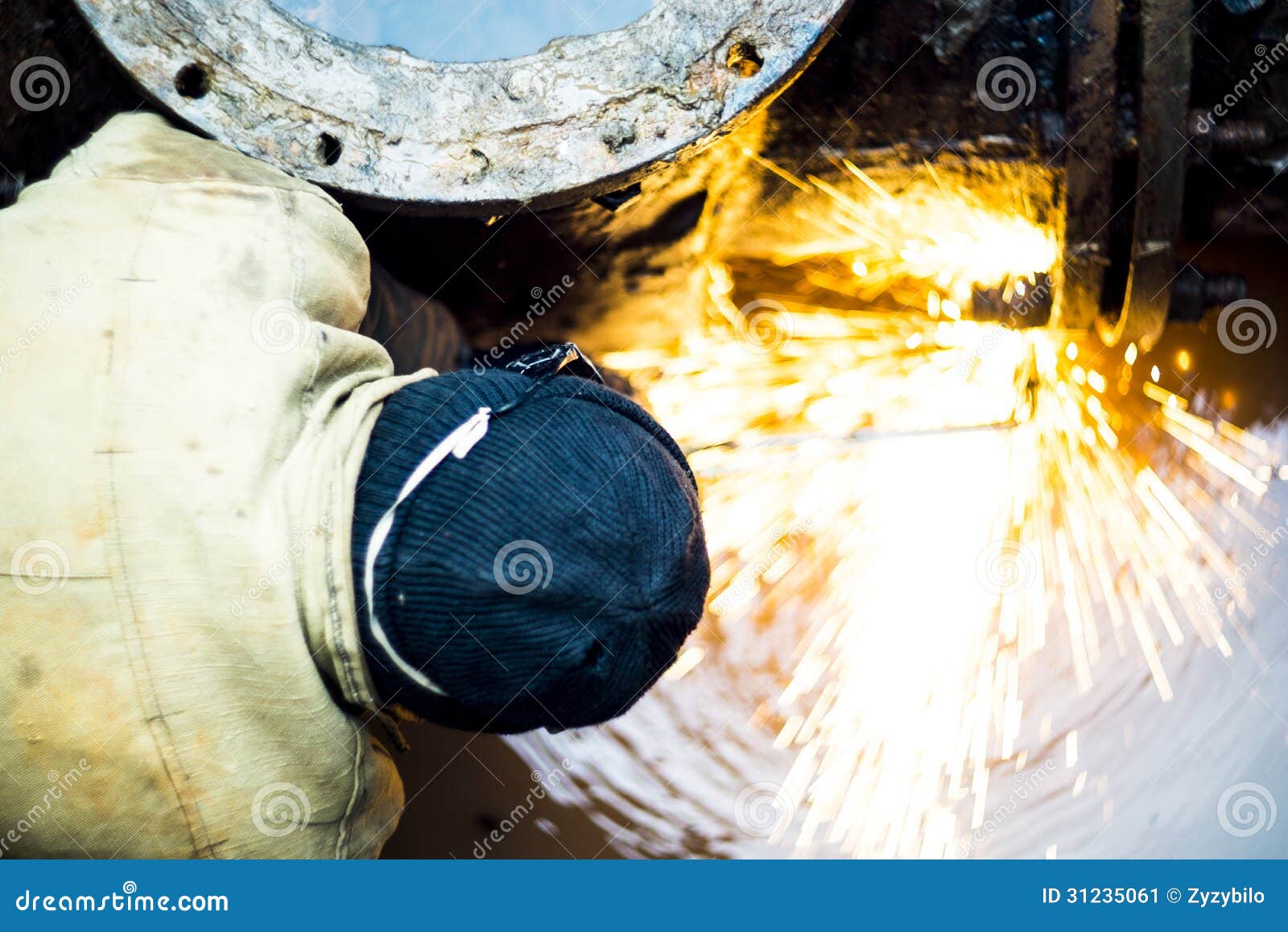Oxygen-cutting Operator Cuts Bolts In A Cell With Water. Picture Image ...