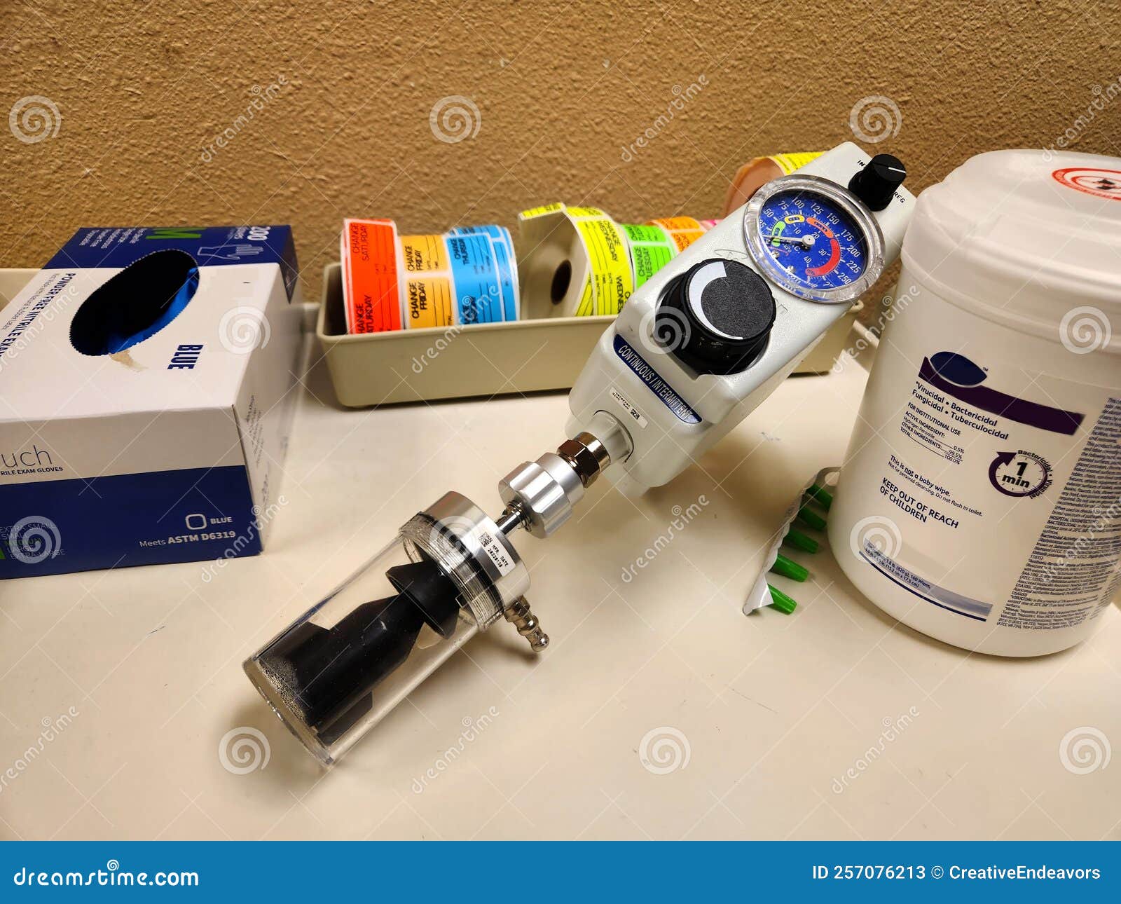 Oxygen Flow Meter with Labels, Gloves, Wipes Stock Image - Image of ...