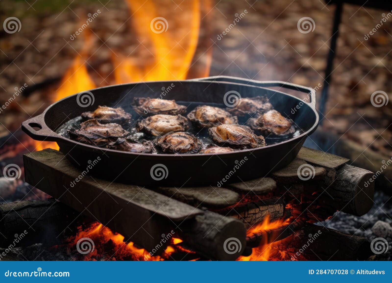Oysters in a Cast Iron Pan Sizzling on Open Fire Stock Photo - Image of ...