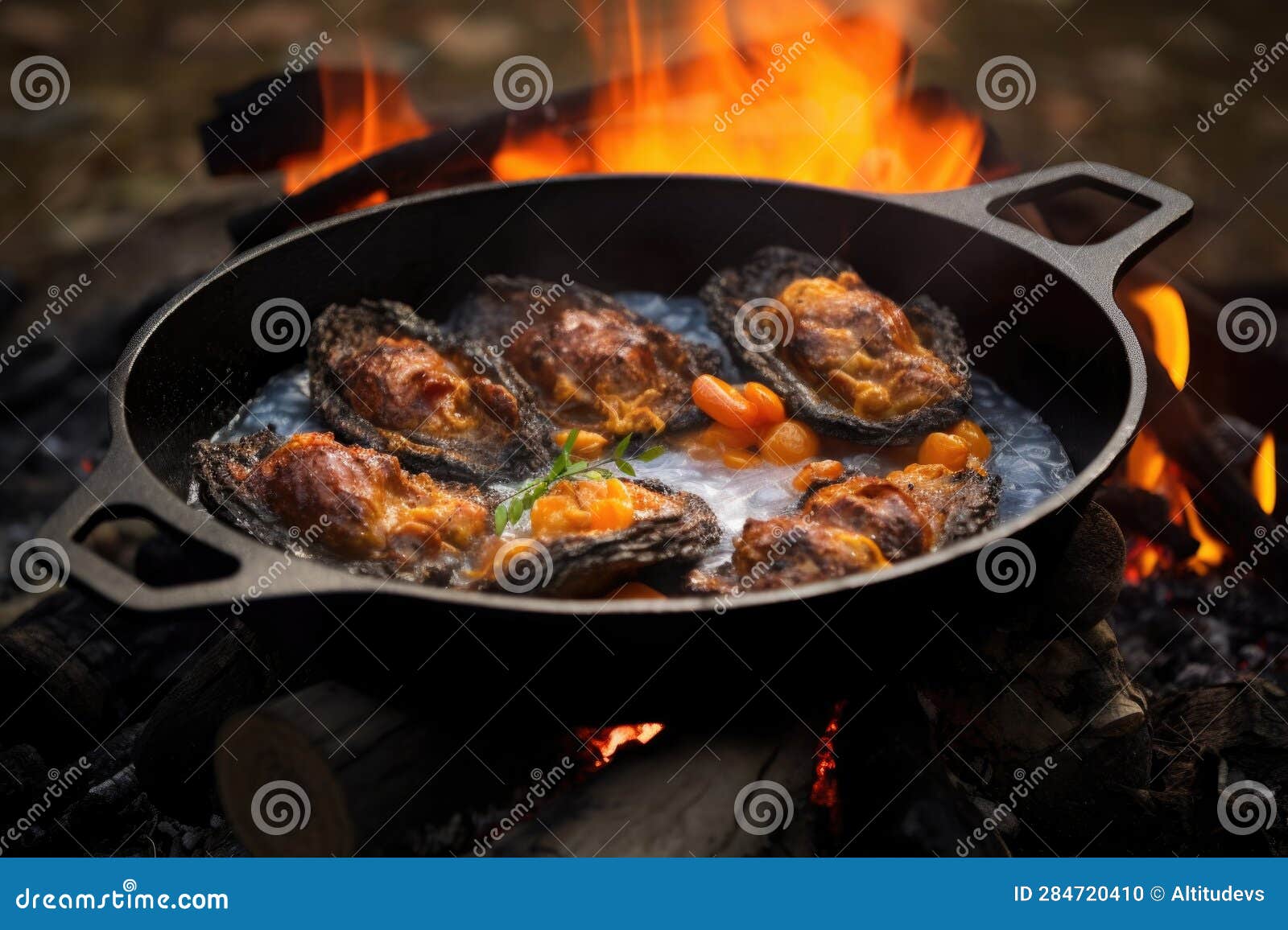 Oysters in a Cast Iron Pan Sizzling on Open Fire Stock Illustration ...