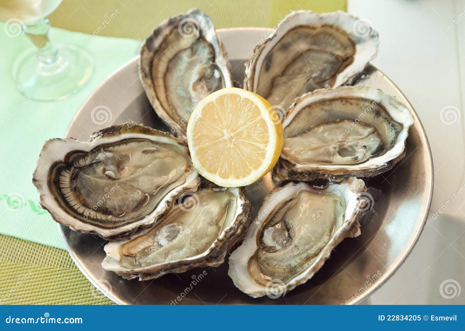 Fresh Six Giant Oysters Served on Shell with Limon on a Plate Stock ...