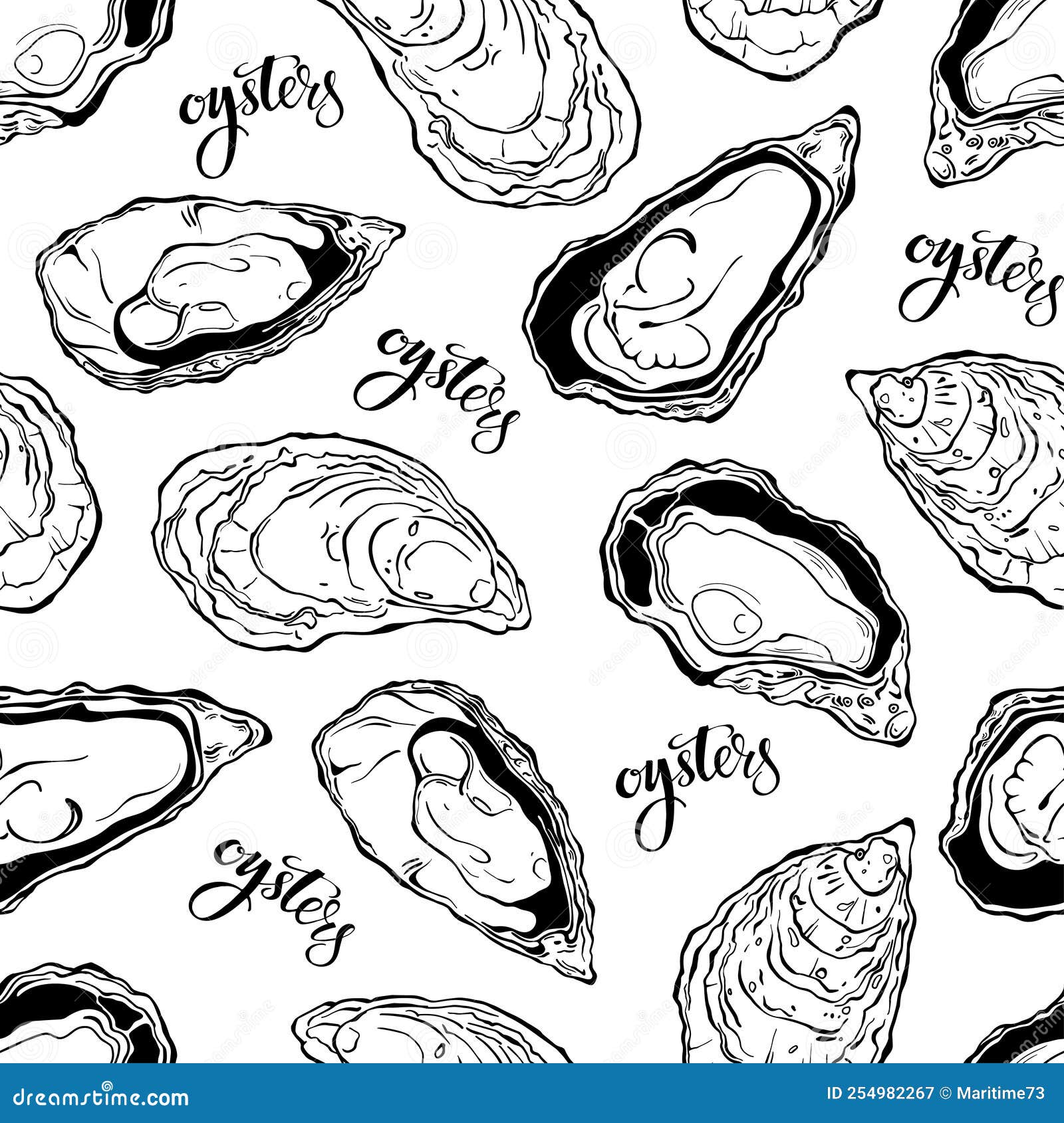Oysters Seamless Pattern on White. Vector. Black and White. Perfect for ...