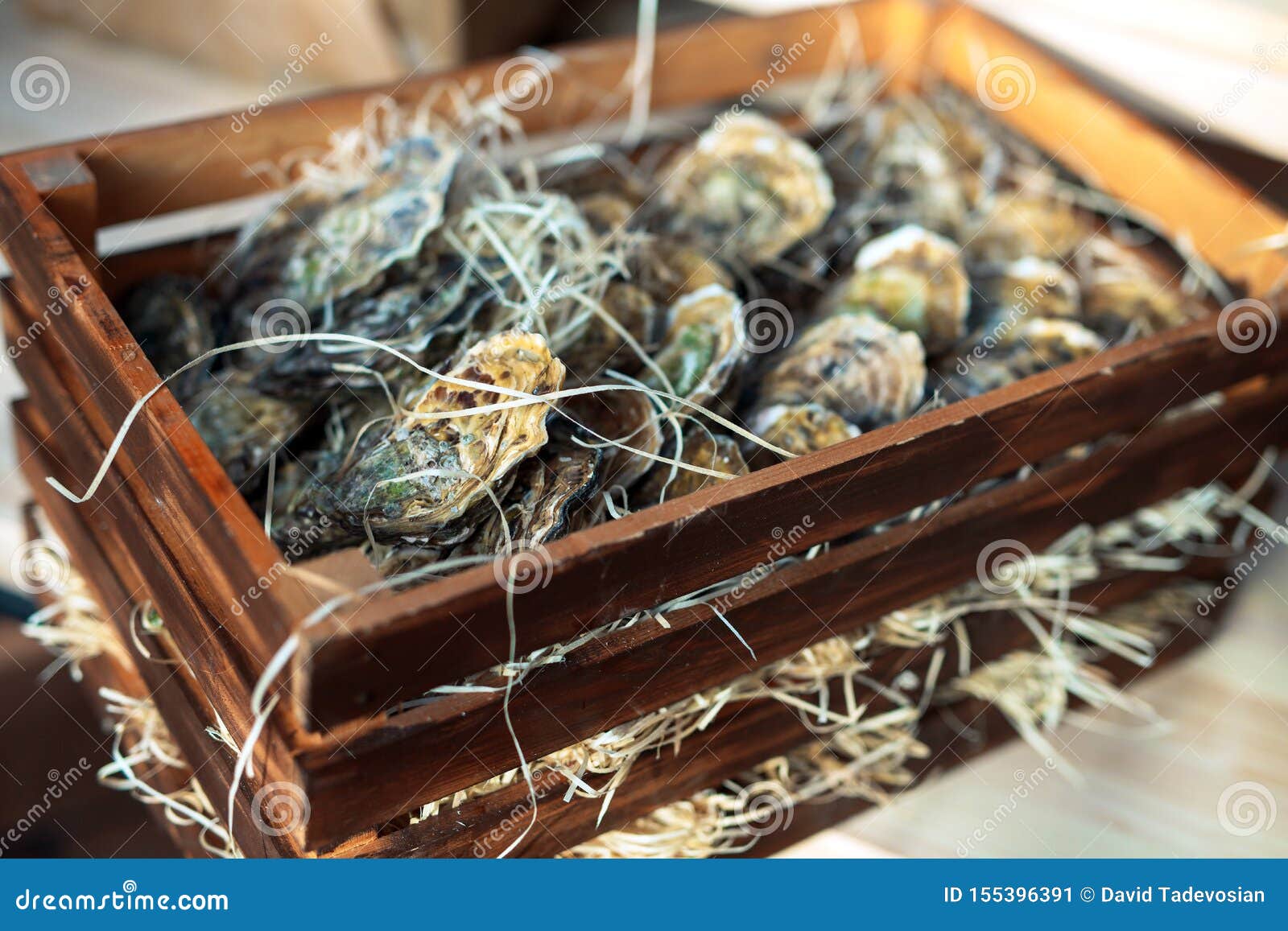 Oysters in a Wooden Box on the Kitchen. Stock Image - Image of dark ...