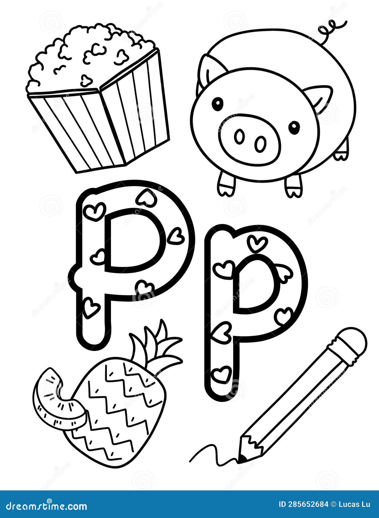 Alphabet P Coloring Page with Cute Words Like Popcorn and Pig Stock ...