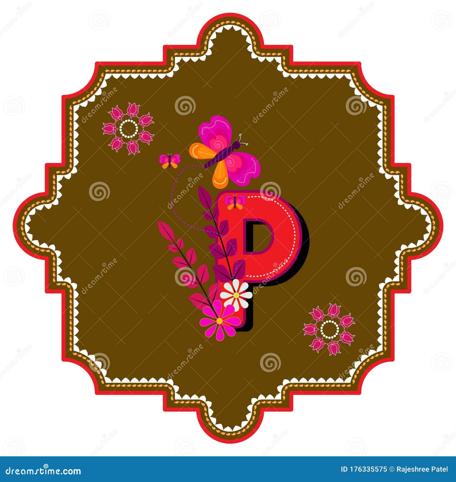 Letter P. Alphabet P Sticker. Floral Type with Butterflies. Lotus and ...