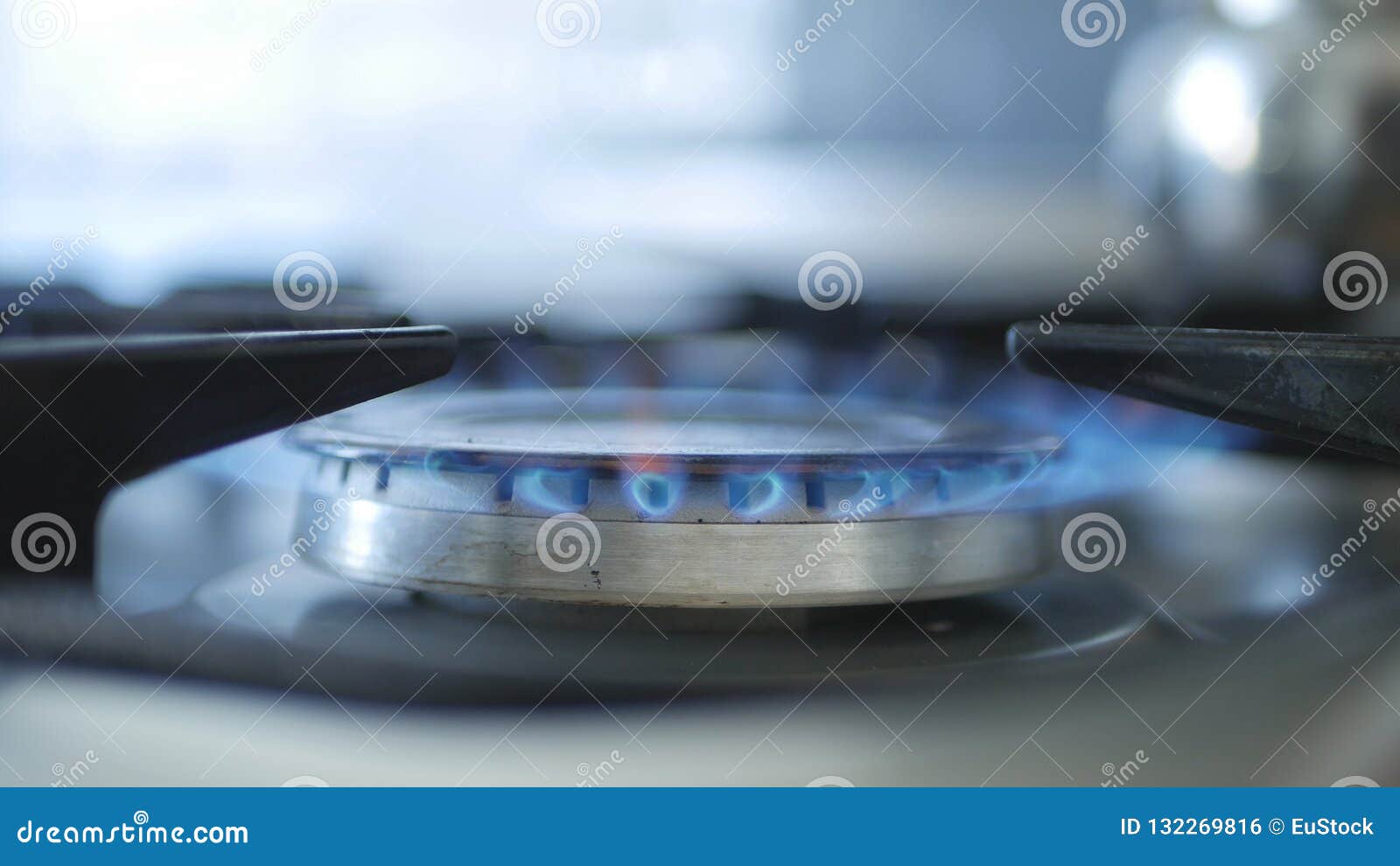 Interior Kitchen Image with Gas Cooker Burning with Big Blue Flame ...