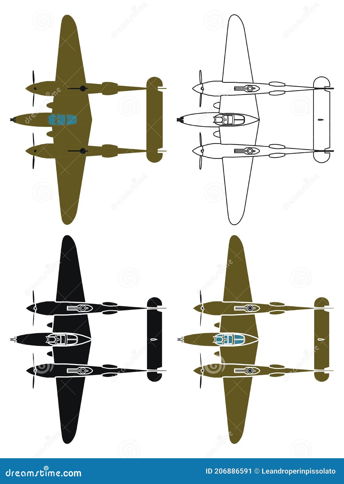 P38 Lightning in top view stock vector. Illustration of defense - 206886591