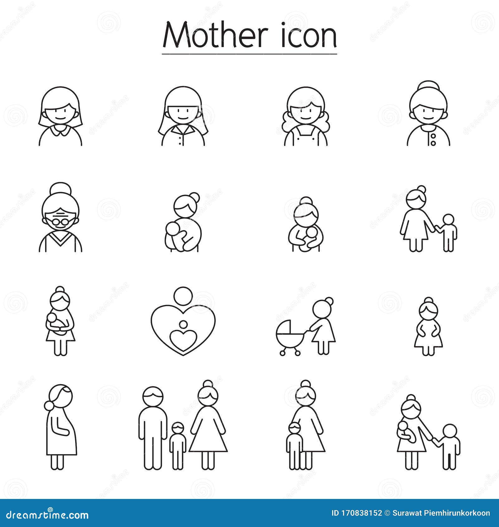 Mother, Mum Icon Set in Thin Line Style Stock Vector - Illustration of ...