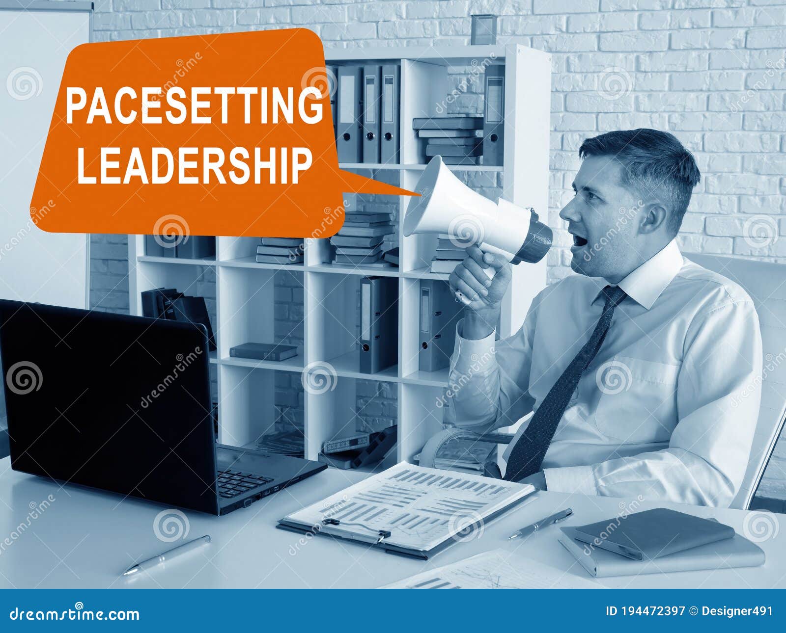 Pacesetting Leadership. Manager with Loudspeaker in the Office. Stock ...