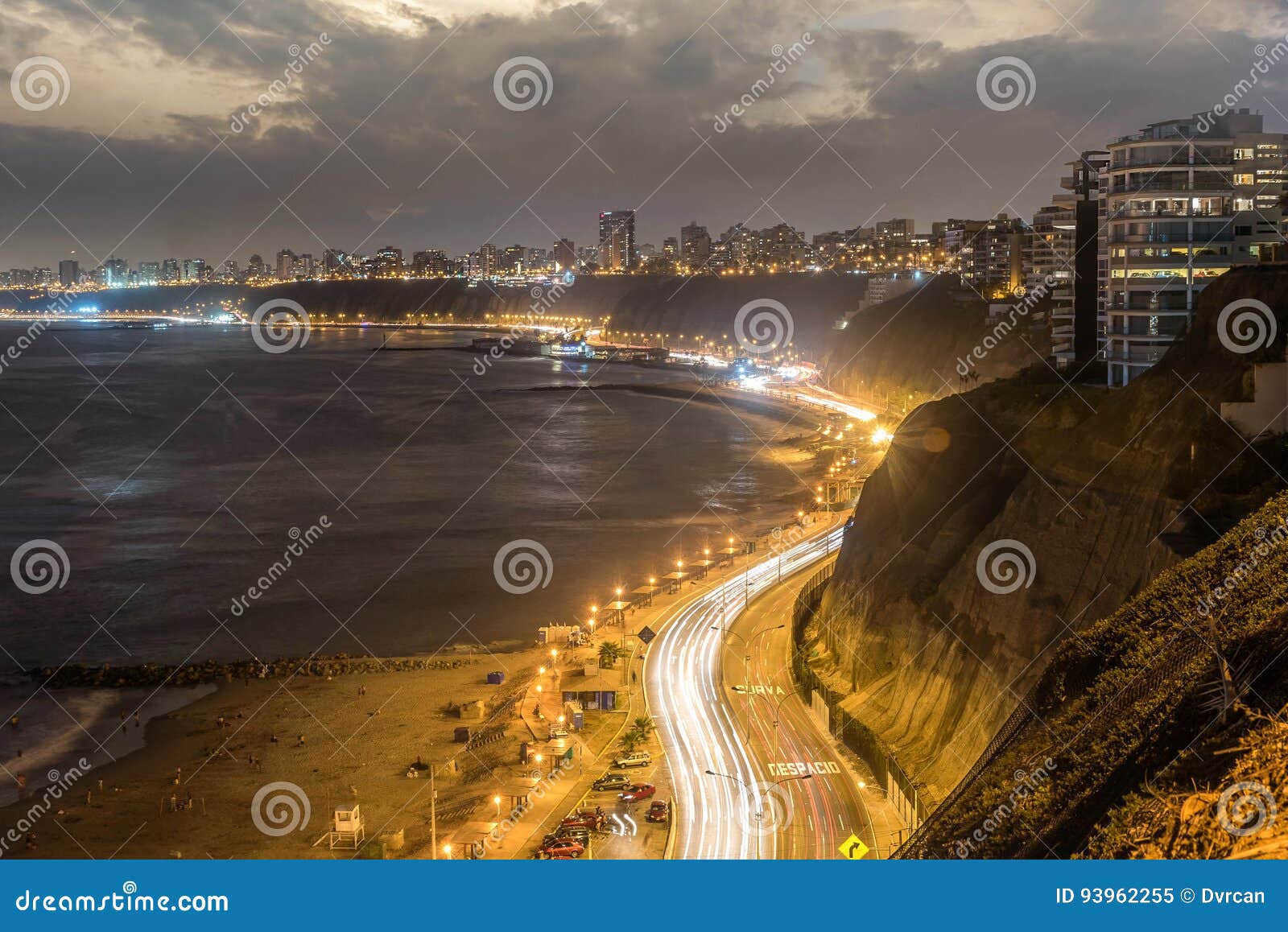 The Pacific Coast of Miraflores at Night in Lima, Peru Stock Image ...