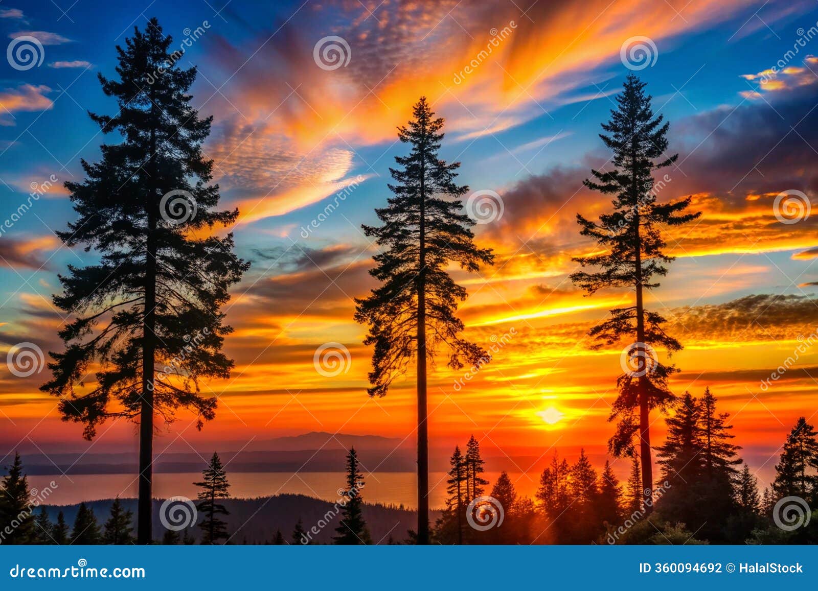 Pacific Northwest Sunset with Silhouetted Trees Stock Illustration ...