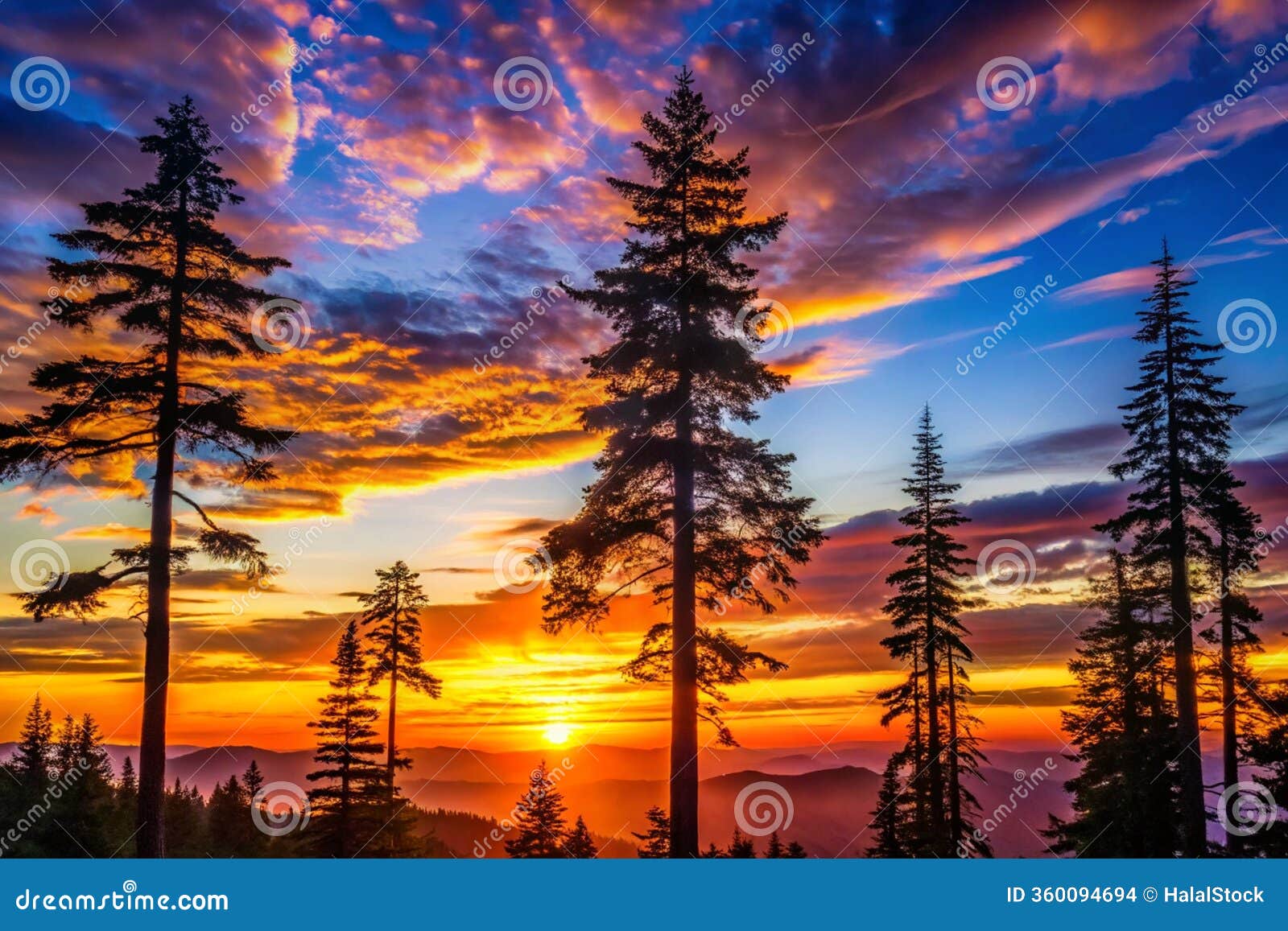 Pacific Northwest Sunset with Silhouetted Trees Stock Illustration ...