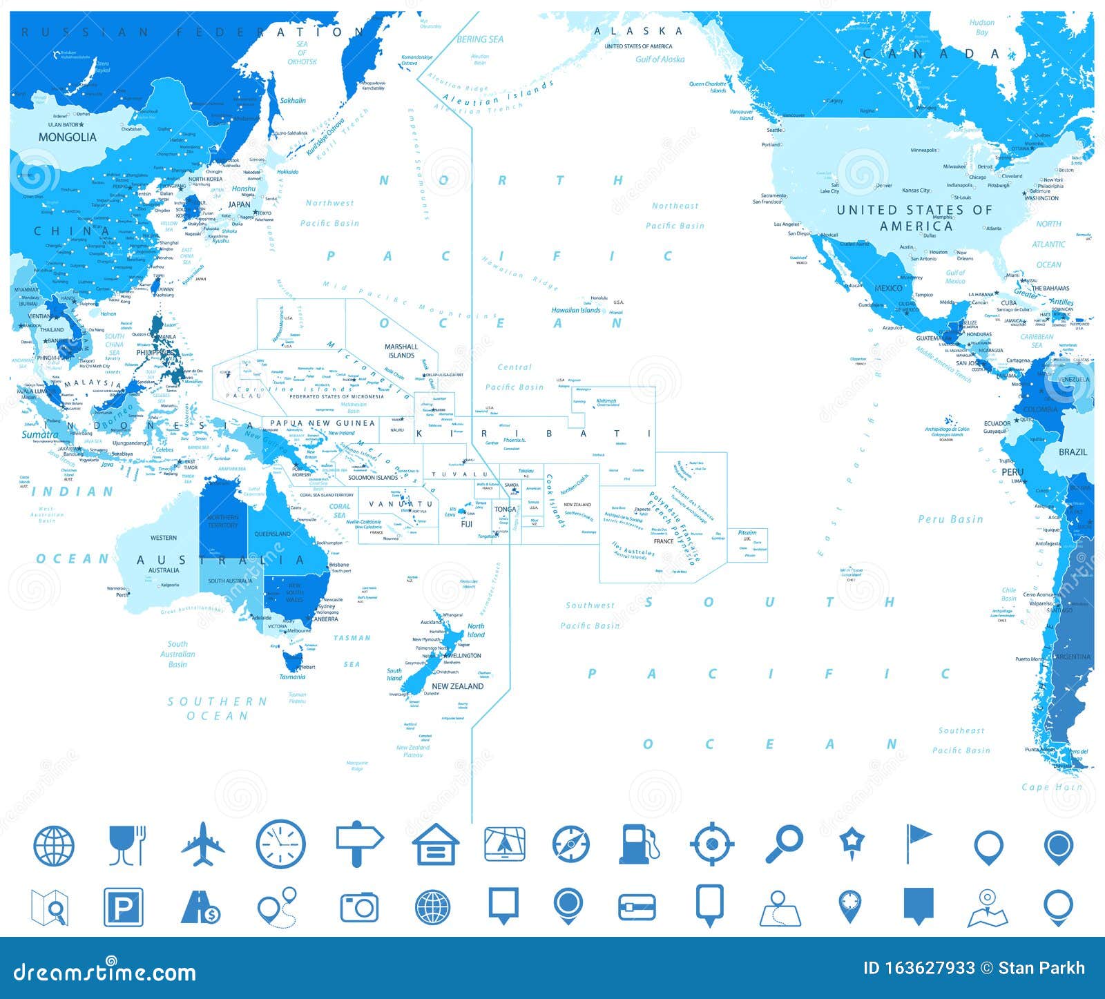Pacific Ocean Blue Map and Navigation Map Icons Stock Vector ...