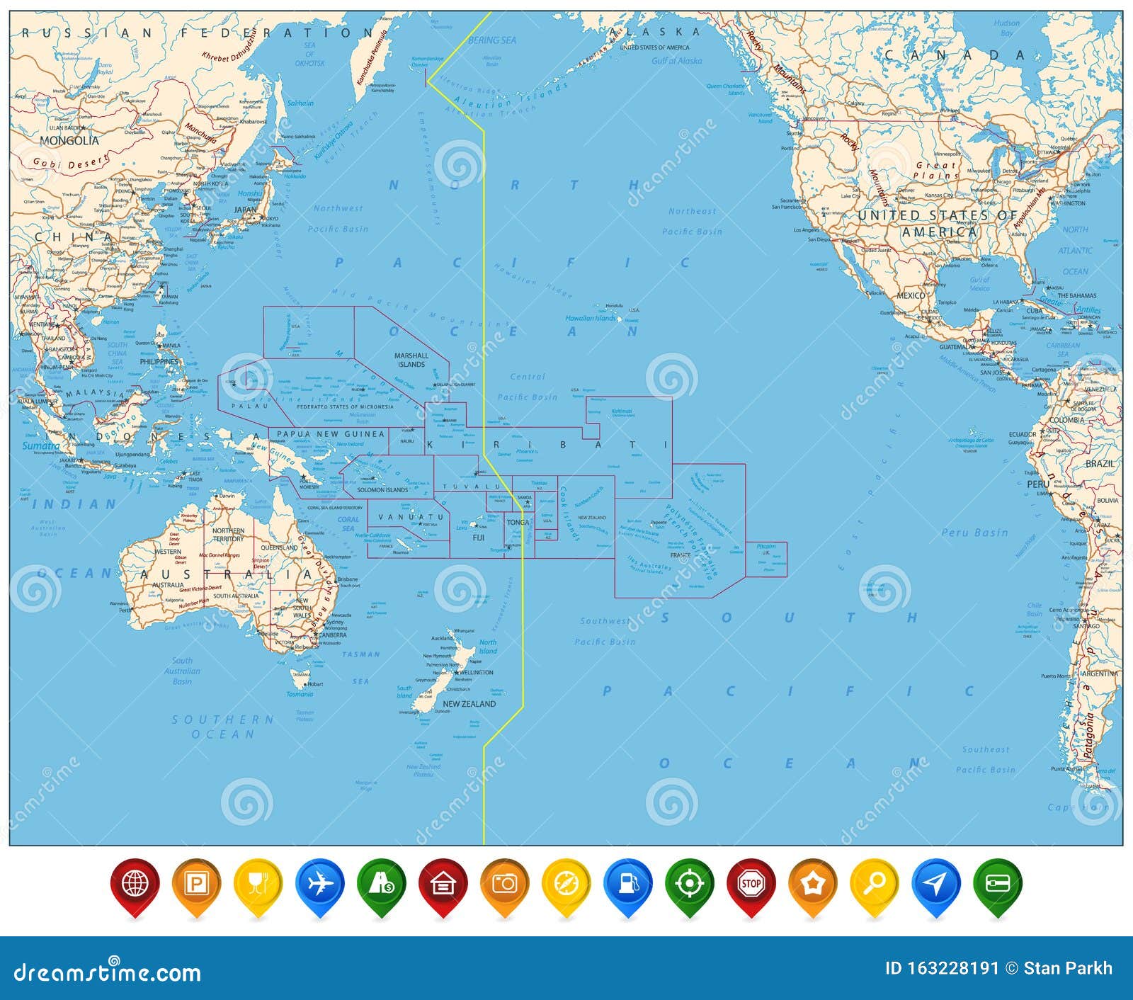Pacific Ocean Map and Colored Map Icons Stock Vector - Illustration of ...