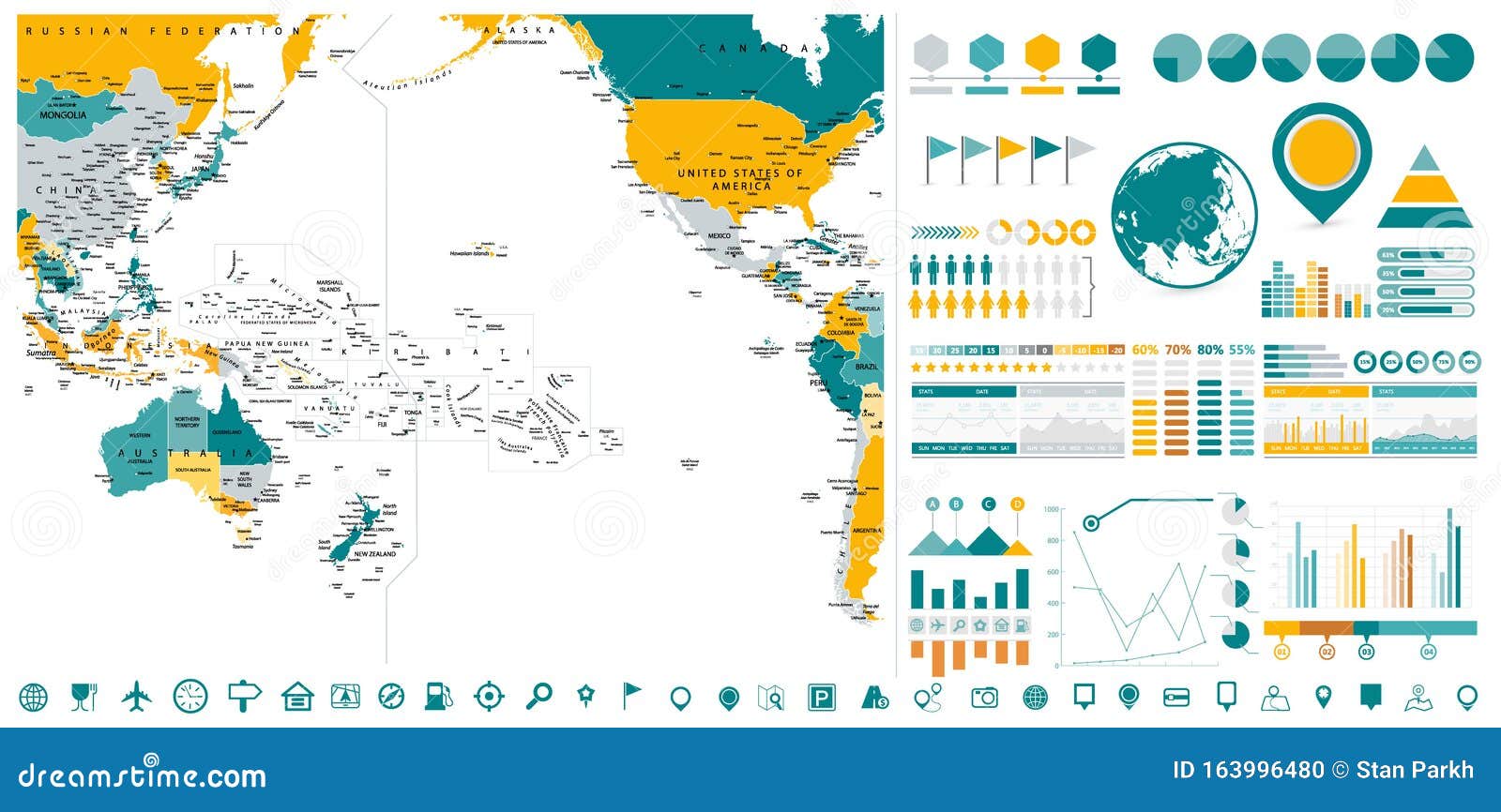 Pacific Ocean Map and Infographics Design Elements Stock Vector ...